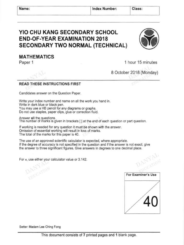 Yio Chu Kang Secondary EOY 2018 Math Sec 2 NT | PDF | Significant Figures | Arithmetic