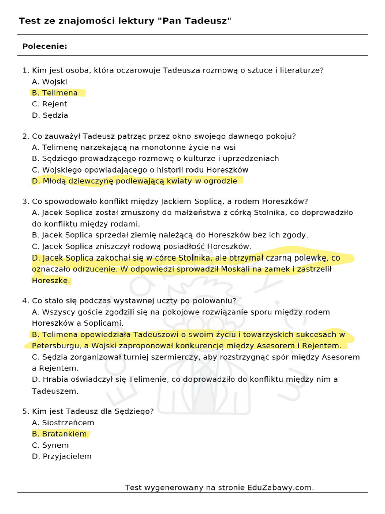 Test Z Lektury - Pan Tadeusz - PDF Do Druku Dla Uczniów, Nauczycieli | PDF