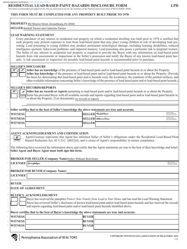 Residential Lead-Based Paint Hazards Disclosure Form (PAR LPD) (Version ...