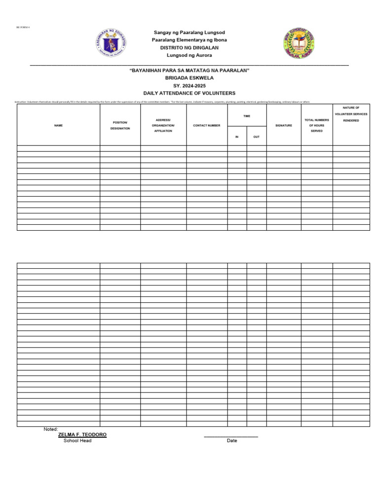 Brigada-Eskwela-Form-4-Daily-Attendance-Of-Volunteer Ies | PDF