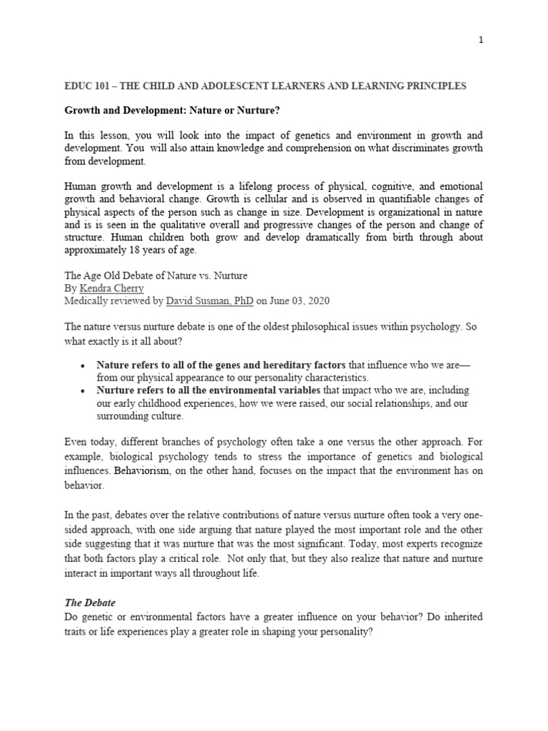 Educ 101 Module 1 Lesson 1B | PDF | Nature Versus Nurture | Psychology