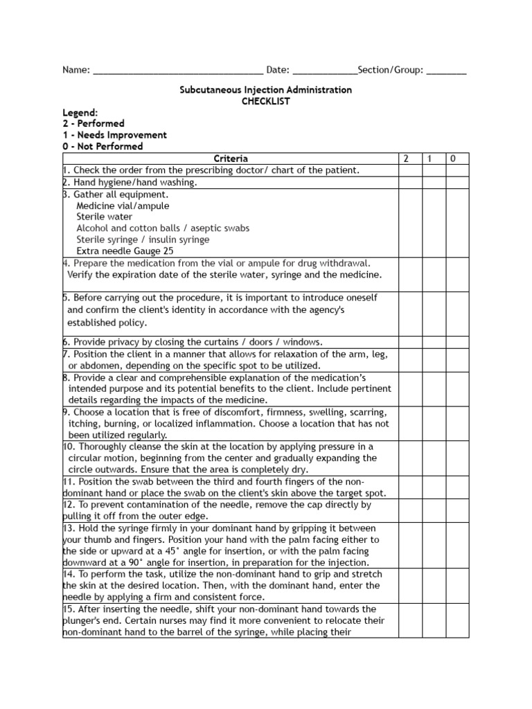 Subcutaneous Injection Checklist | PDF | Injection (Medicine) | Syringe