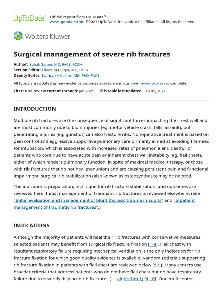 Surgical Management of Severe Rib Fractures - UpToDate | PDF | Thorax ...