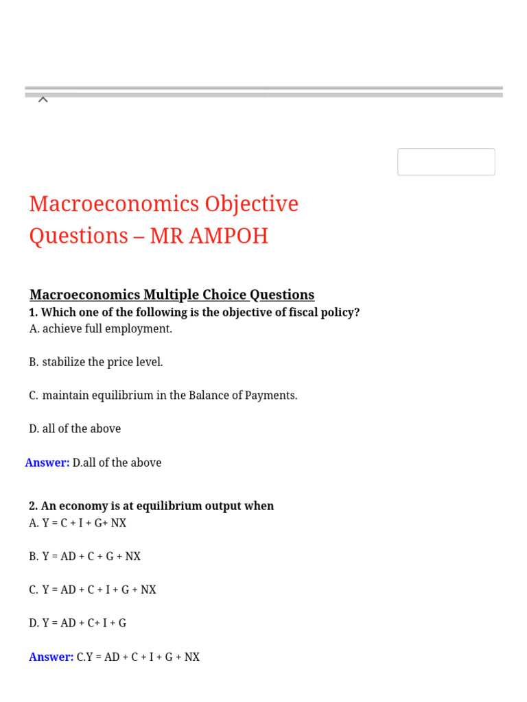 Macroeconomics MCQs with Answers | PDF | Inflation | Macroeconomics