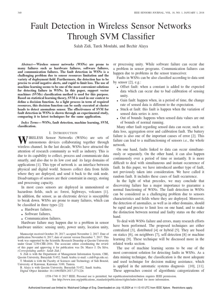 Fault Detection in Wireless Sensor Networks Through SVM Classifier | PDF | Support Vector ...