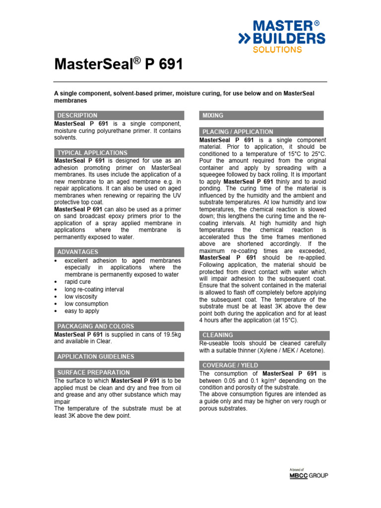 MasterSeal P691 | PDF | Humidity | Epoxy