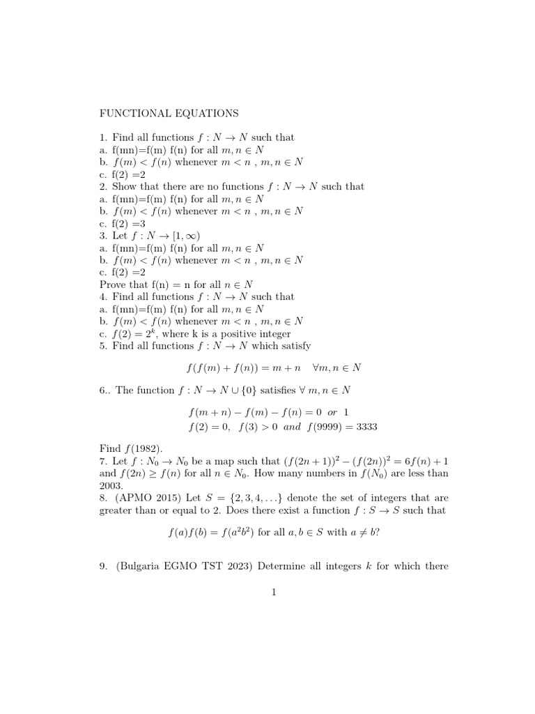 Functional Equations Class Notes For Maths Olympiad Pdf Numbers