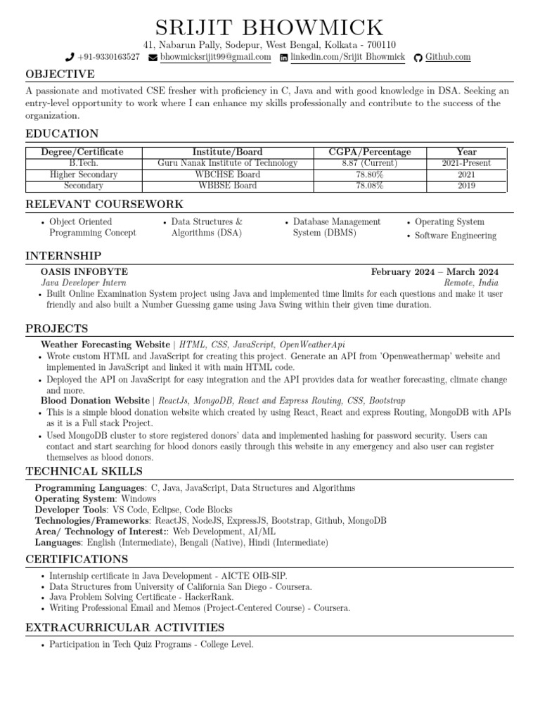Srijit Official Resume | PDF | Java (Programming Language) | Java Script Srijit Official Resume | PDF | Java (Programming Language) | Java Script
