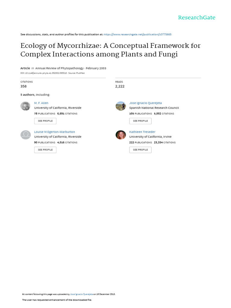 Ecology of Mycorrhizae A Conceptual Framework For | PDF | Fungus | Biology