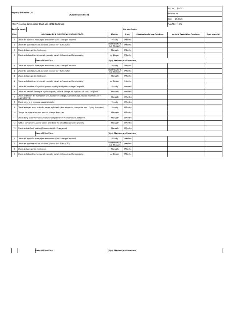 CNC Machines Maintenance Checklist | PDF | Tools | Mechanical Engineering