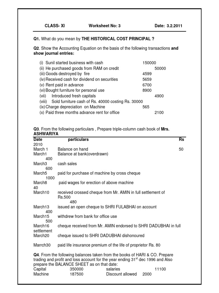 CBSE Class 11 Accountancy Worksheet - Revision Worksheet | PDF | Cheque ...