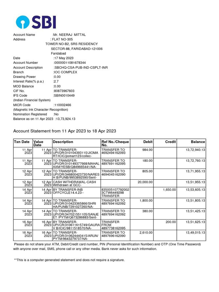 Account Statement From 11 Apr 2023 To 18 Apr 2023 | PDF | Personal ...
