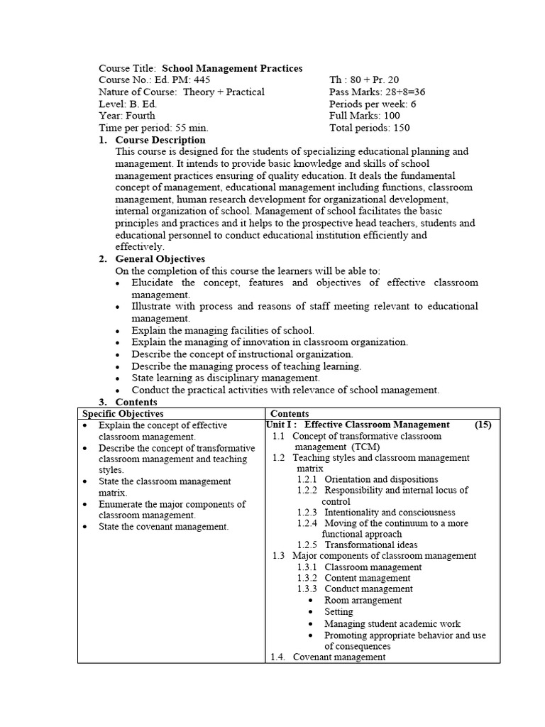 B.Ed. School Management Course | PDF | Classroom Management | Classroom