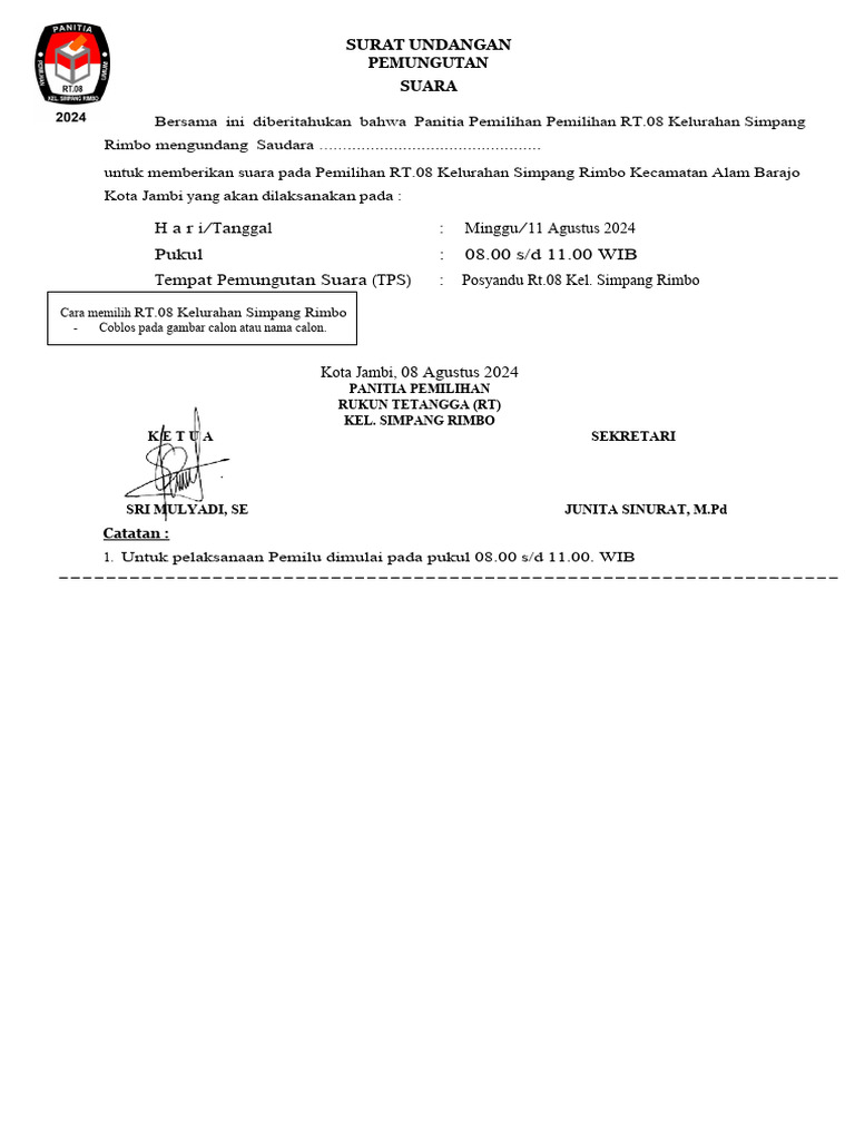 Surat Undangan Pemilihan RT 08 Kel. Simpang Rimbo | PDF Surat Undangan Pemilihan RT 08 Kel. Simpang Rimbo | PDF