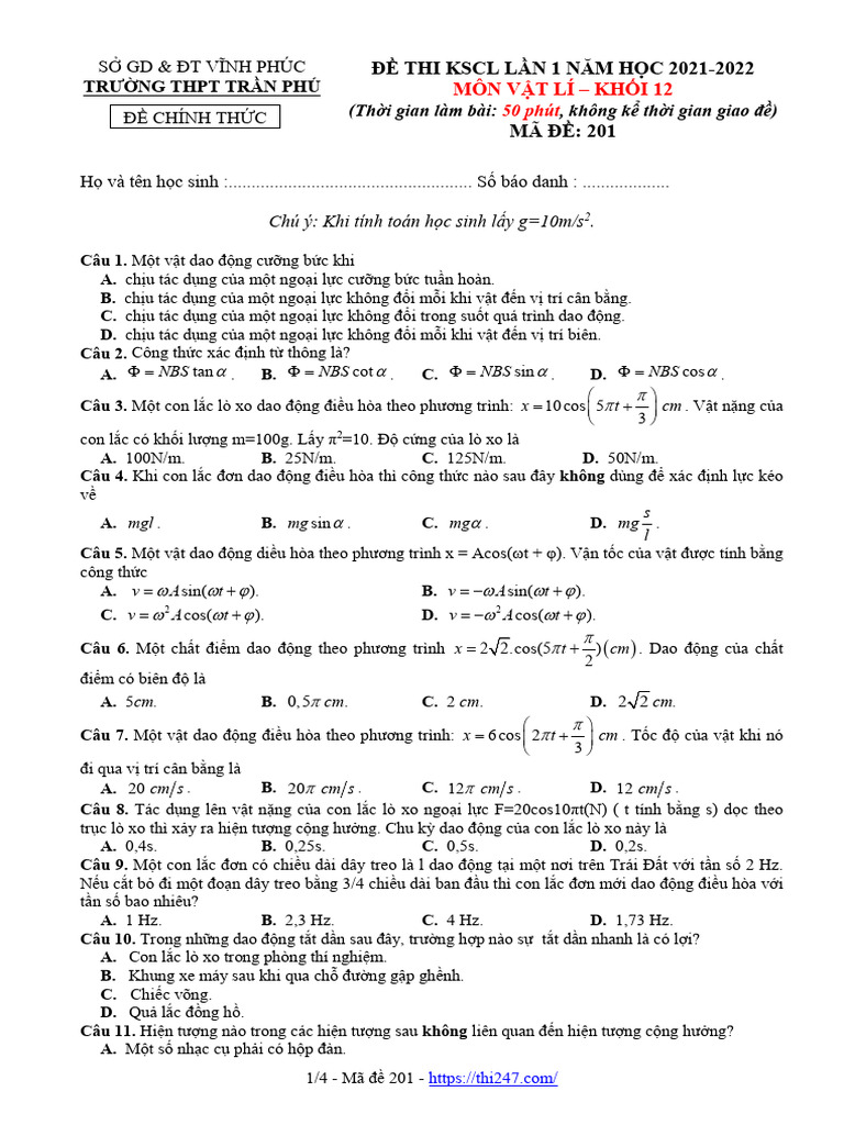 De KSCL Lan 1 Vat Li 12 Nam 2021 2022 Truong THPT Tran Phu Vinh Phuc | PDF