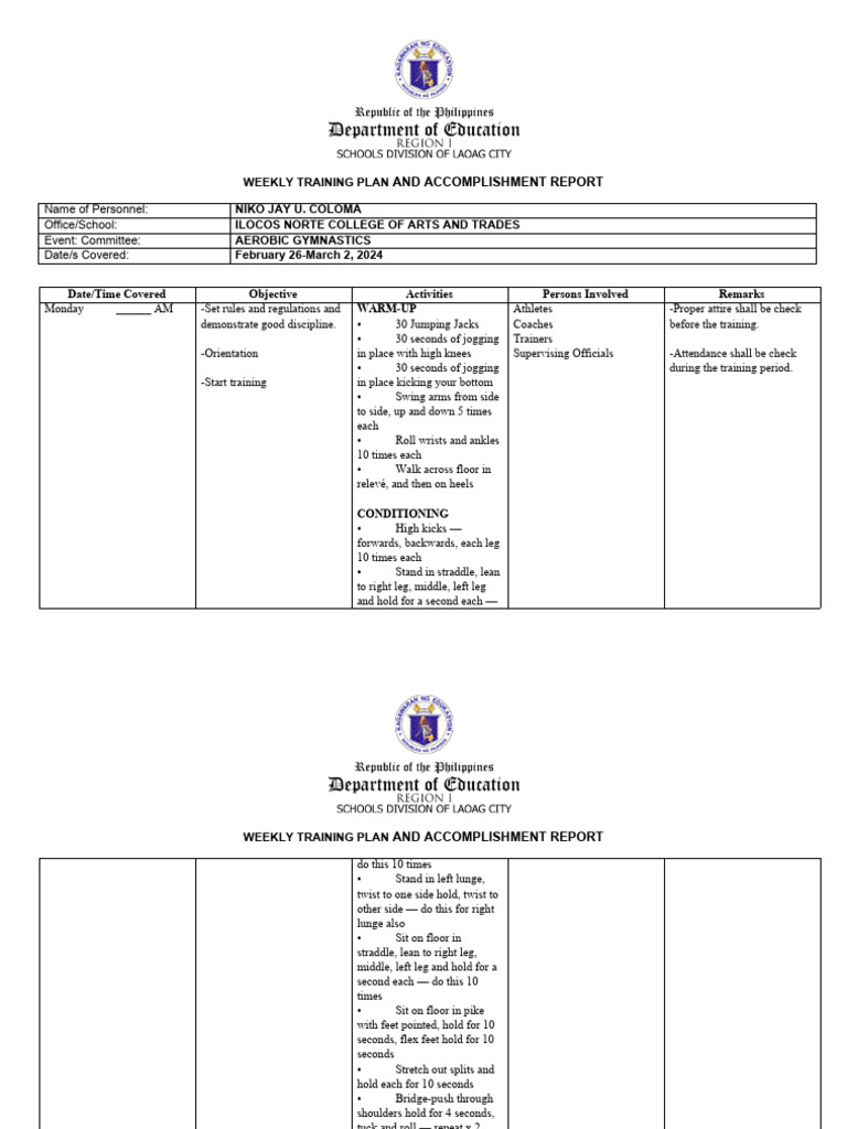 Weekly Training Plan and Accomplishment Report | PDF | Anatomical Terms ...