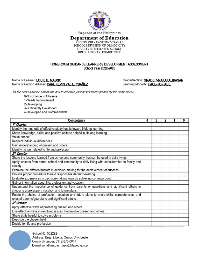 HOMEROOM GUIDANCE LEARNER Assessment Tool G7 | PDF | Learning | Decision Making