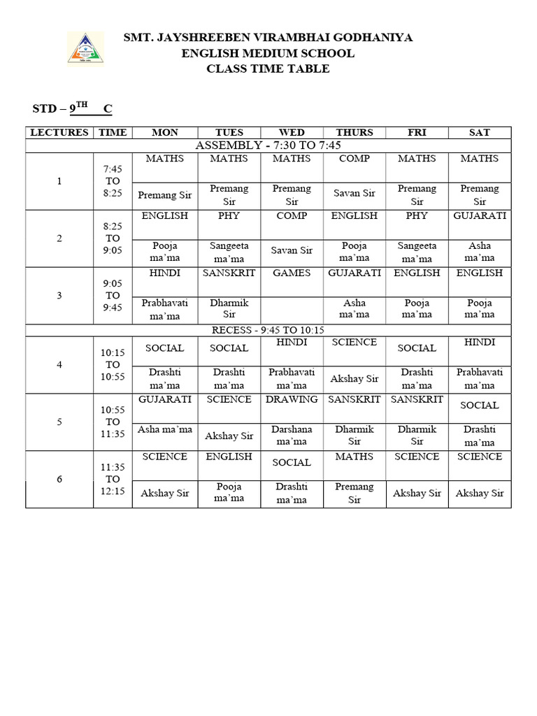 Std 9 C Time Table Pdf Languages Of India