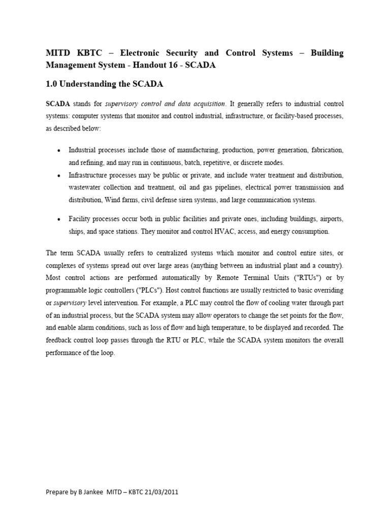 Handout 16 - Bms Scada | PDF | Scada | Programmable Logic Controller