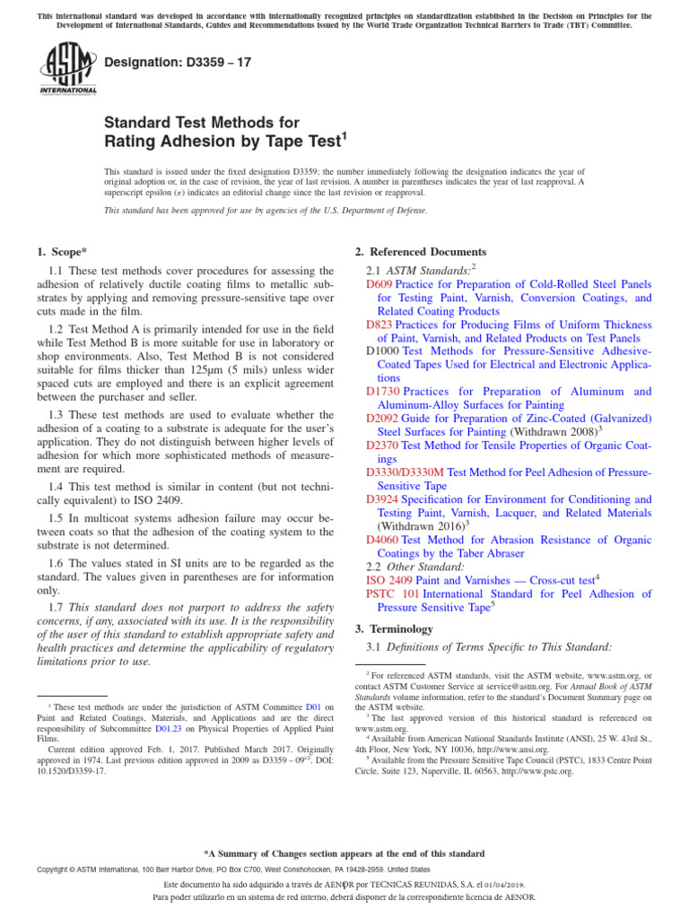 ASTM D3359 Adhesion Tape Test Standard | PDF | Adhesion | Blade