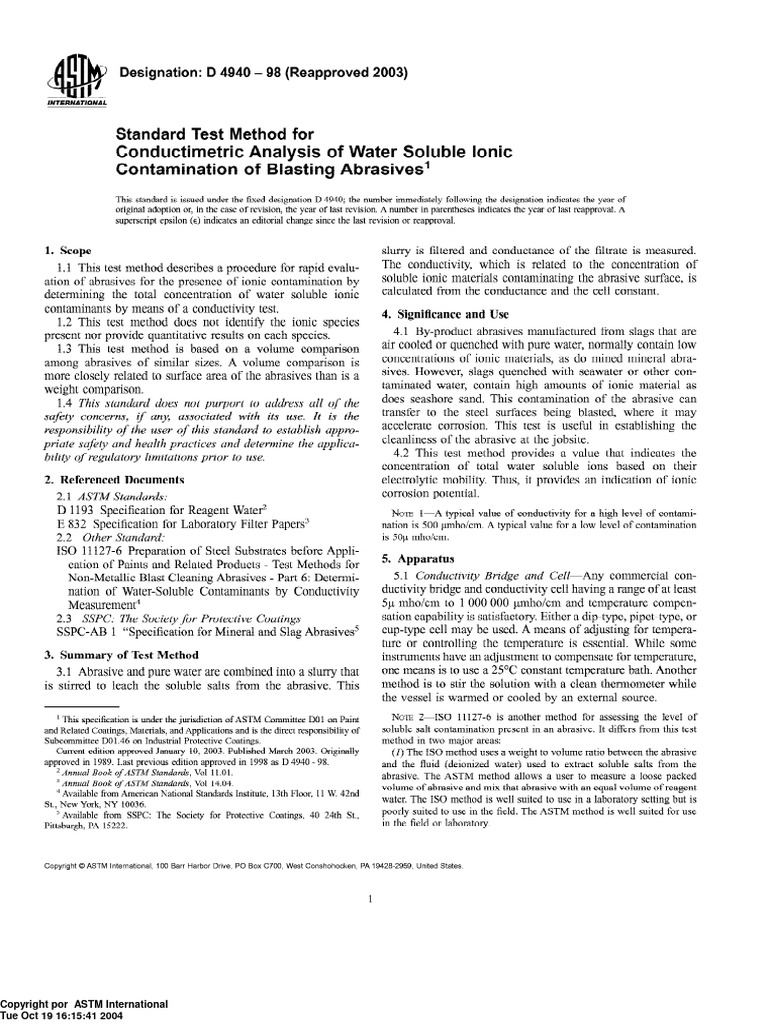 Astm - D - 4940 - 1998 - R - 2003 - Abrasive Cleanliness | PDF