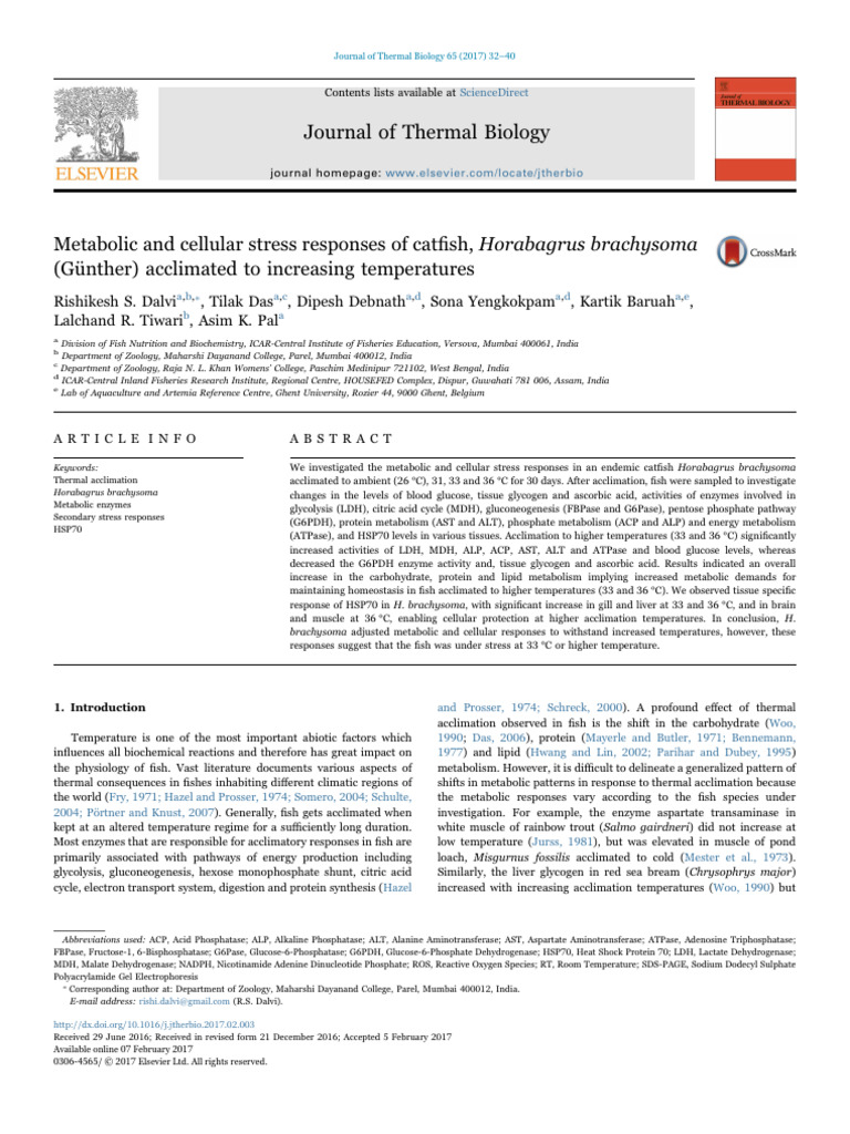 Metabolic and Cellular Stress Responses of Catfish, Horabagrus ...
