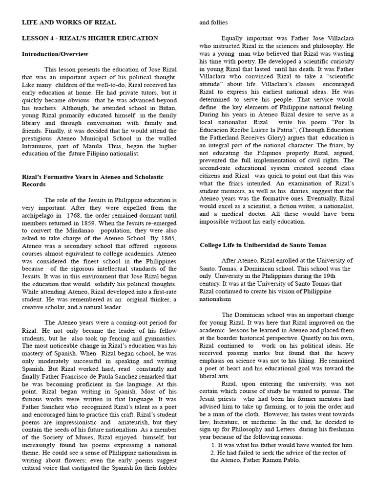 Lesson 4 - Rizal's Higher Education | PDF | Manila