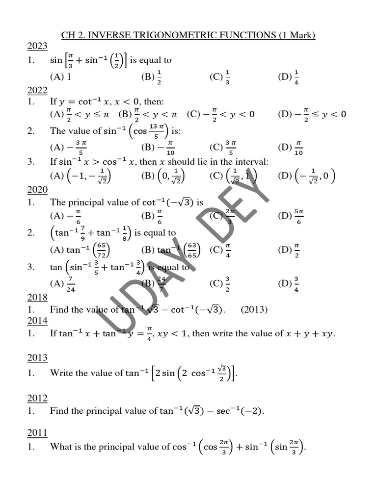 CH 2. Inverse Trigonometric Functions Pyq | PDF | Trigonometric Functions | Mathematical Objects