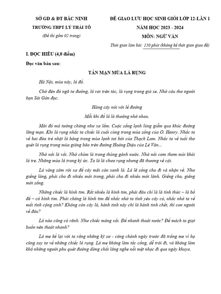 De Thi Hsg Ngu Van 12 Lan 1 Nam 2023 2024 Truong Thpt Ly Thai to Bac Ninh | PDF