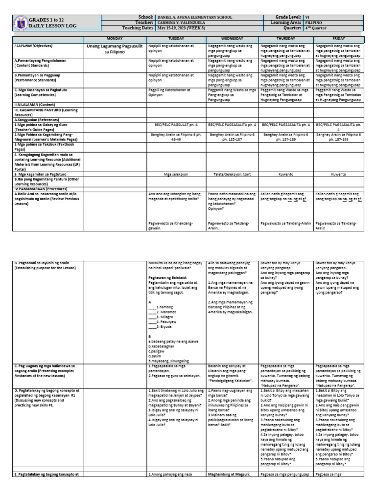 Grade 6 DLL Filipino 6 q4 Week 3 | PDF