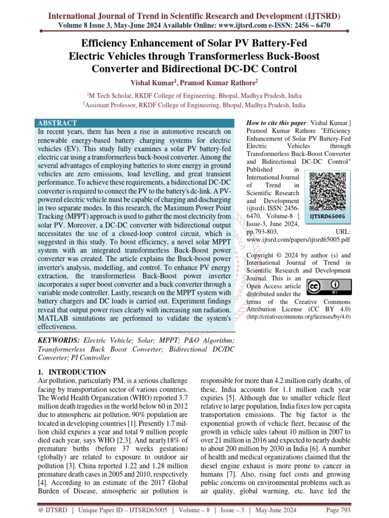 Efficiency Enhancement of Solar PV Battery Fed Electric Vehicles ...