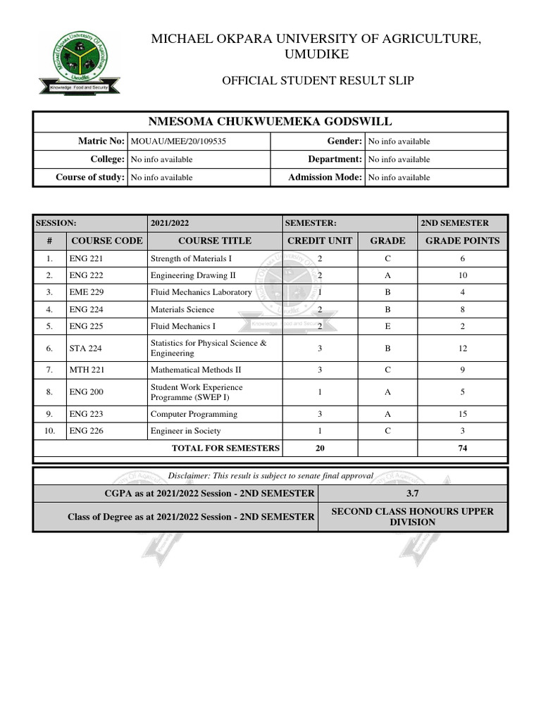Engineering Student Result Slip | PDF | Science
