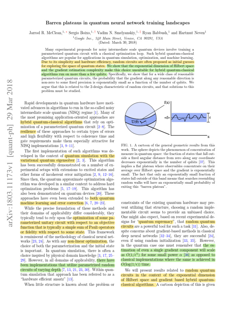 Barren Plateaus in Quantum Neural Network Training Landscapes | PDF ...