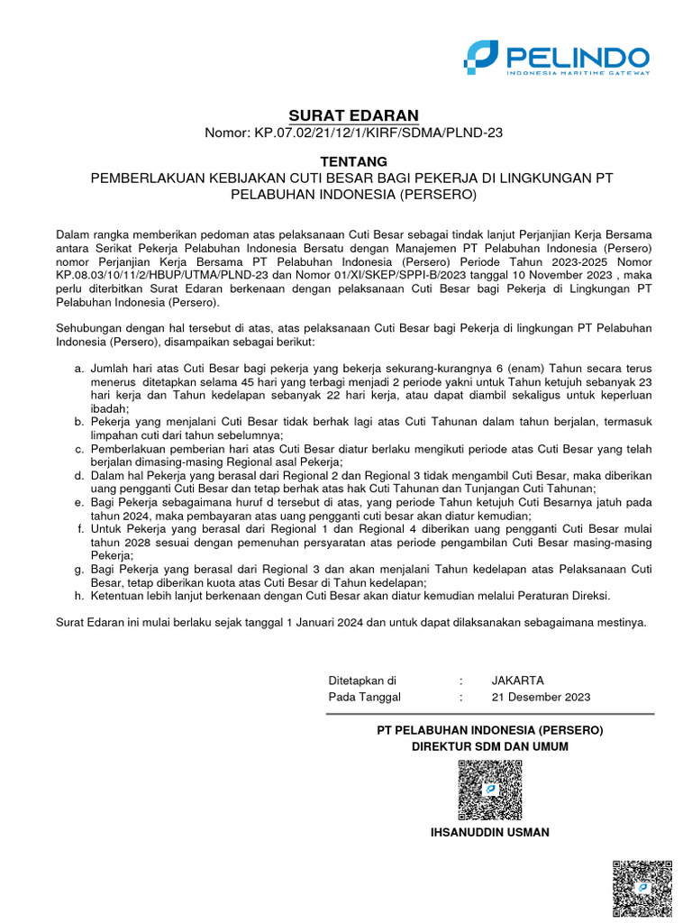 Kebijakan Cuti Besar PT Pelabuhan Indonesia | PDF | Pengelolaan ...