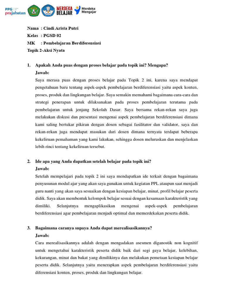 Cindi Arista Putri-Topik 2-Aksi Nyata-Pembelajaran Berdiferensiasi | PDF | Karier & Perkembangan