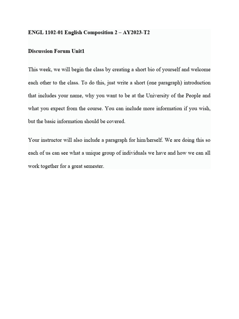 Introduction Assignment for ENGL 1102 | PDF