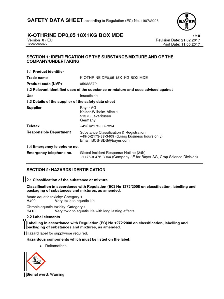 K-Othrine DP 0.05 MSDS | PDF | Dangerous Goods | Toxicity
