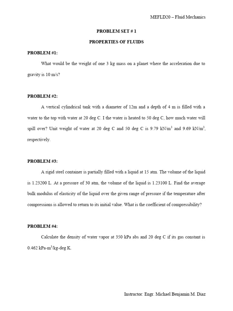 Problem Set 1 - Properties of Fluids | PDF | Pressure | Liquids