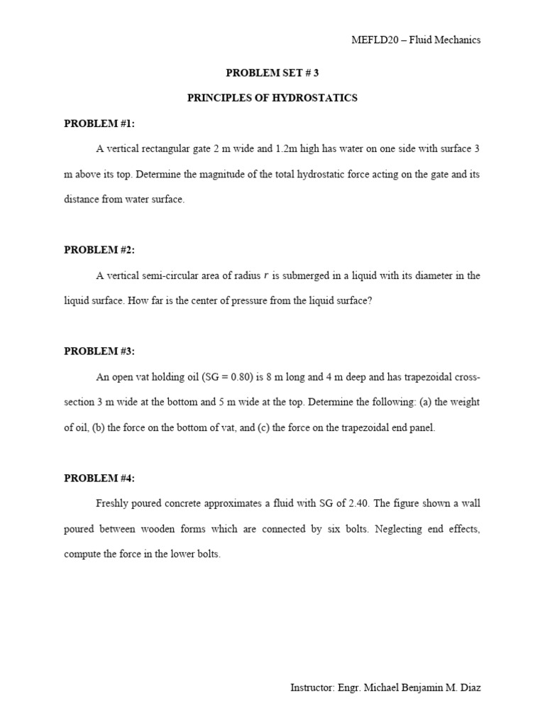 Problem Set 3 - Total Hydrostatic Force On Surface | PDF | Force | Pressure