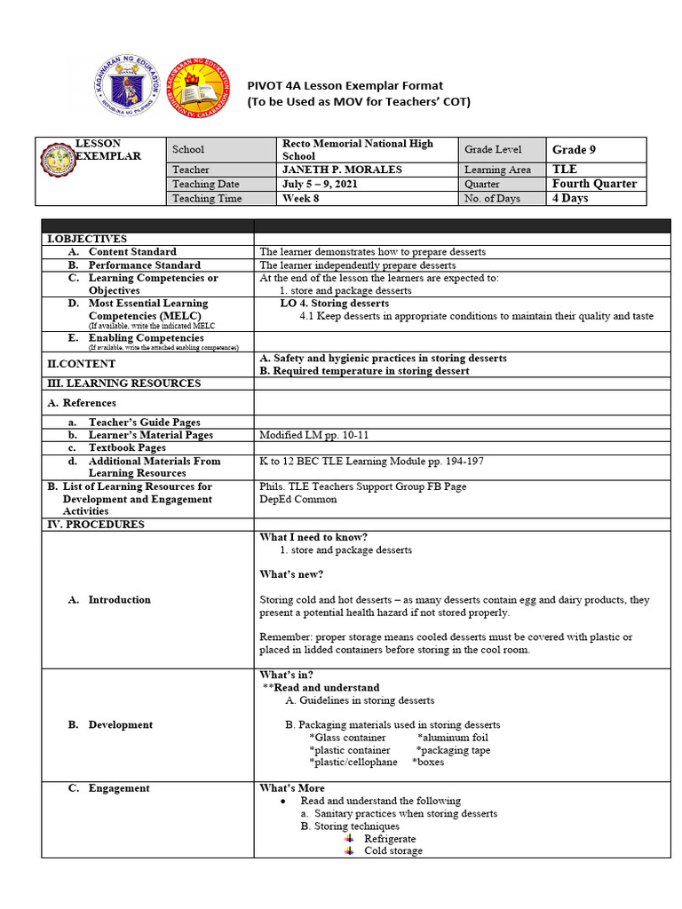 Le Week 8 4TH Quarter Tle G9 Cookery | PDF | Learning