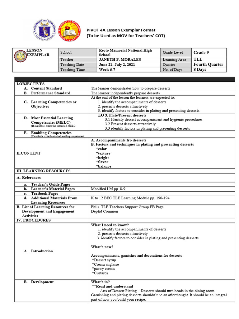 Le Week 6 7 4TH Quarter Tle G9 Cookery | PDF | Custard | Desserts