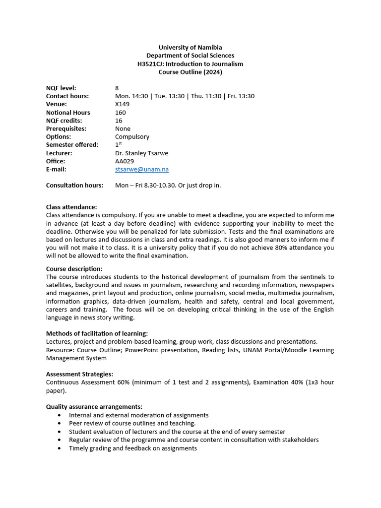 Introduction to Journalism Course Outline | PDF | Journalism | News