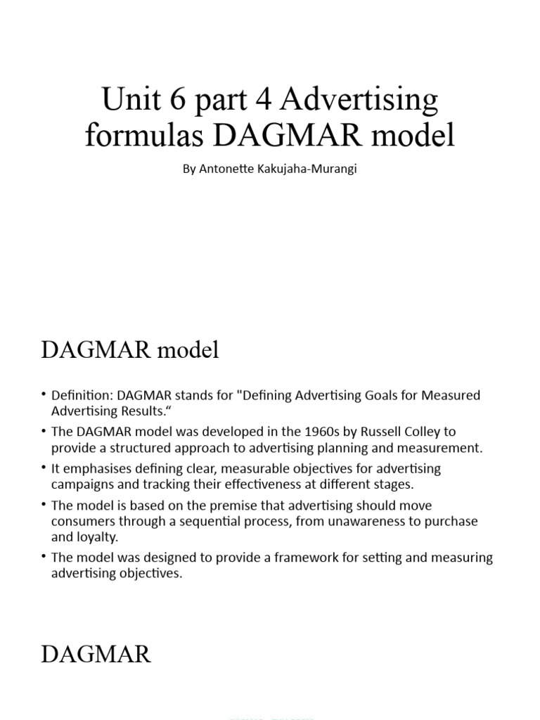 Unit 6 Part 4 Advertising Formulas DAGMAR Model | PDF | Advertising | Brand