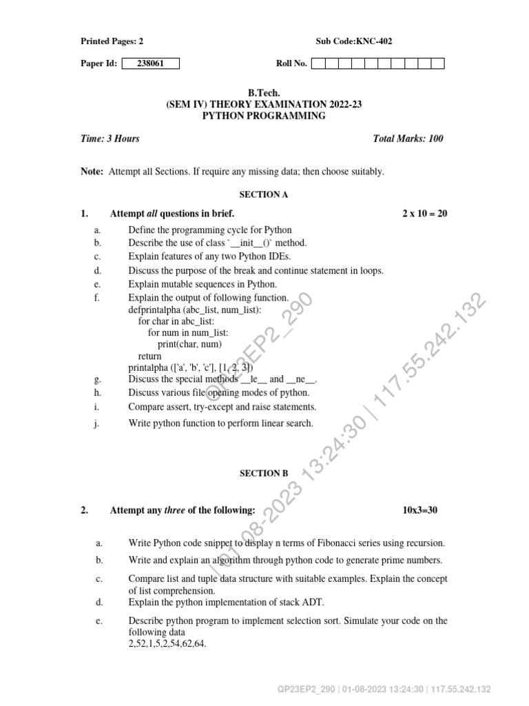 KNC-402 Python Programming Exam | PDF | Python (Programming Language ...