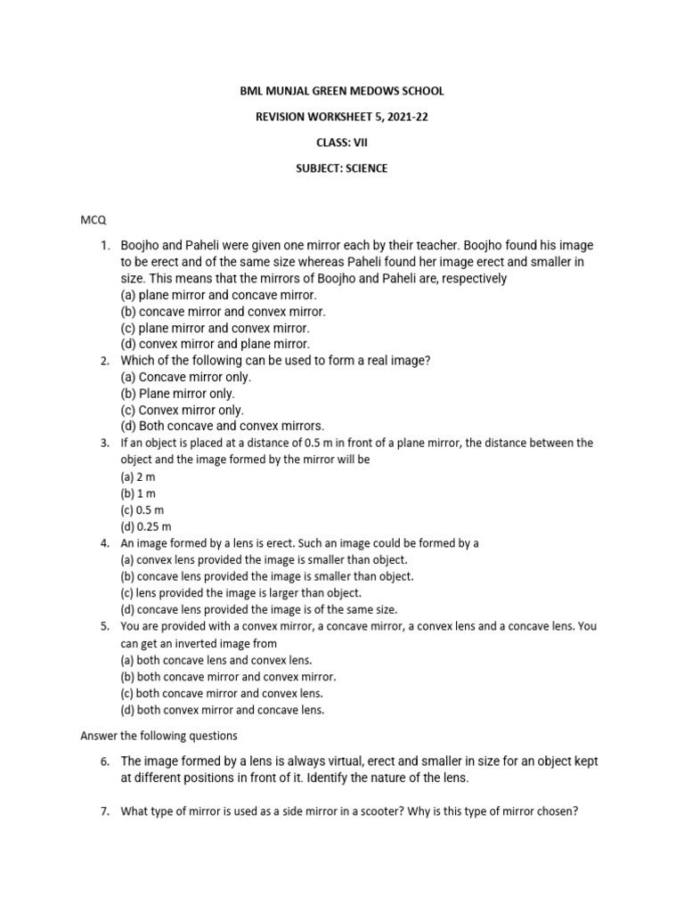 Class VII Science Revision Worksheet 5 | PDF | Mirror | Glass Applications