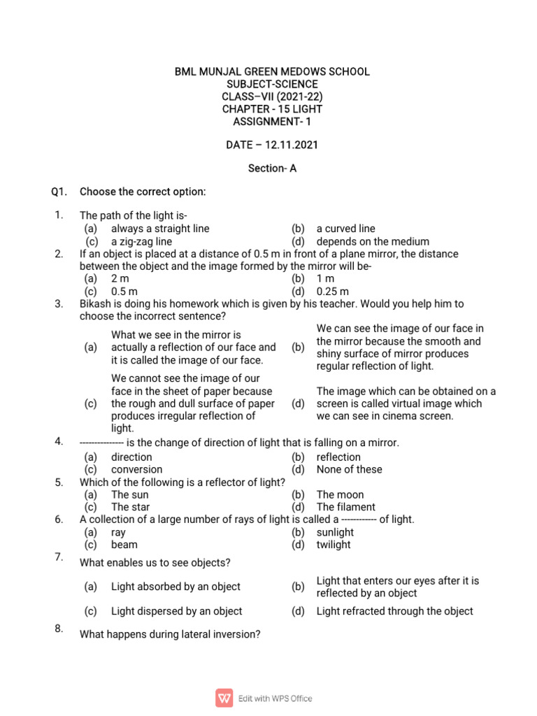 Science Class-Vii Chapter - Light Assignment-1 | PDF