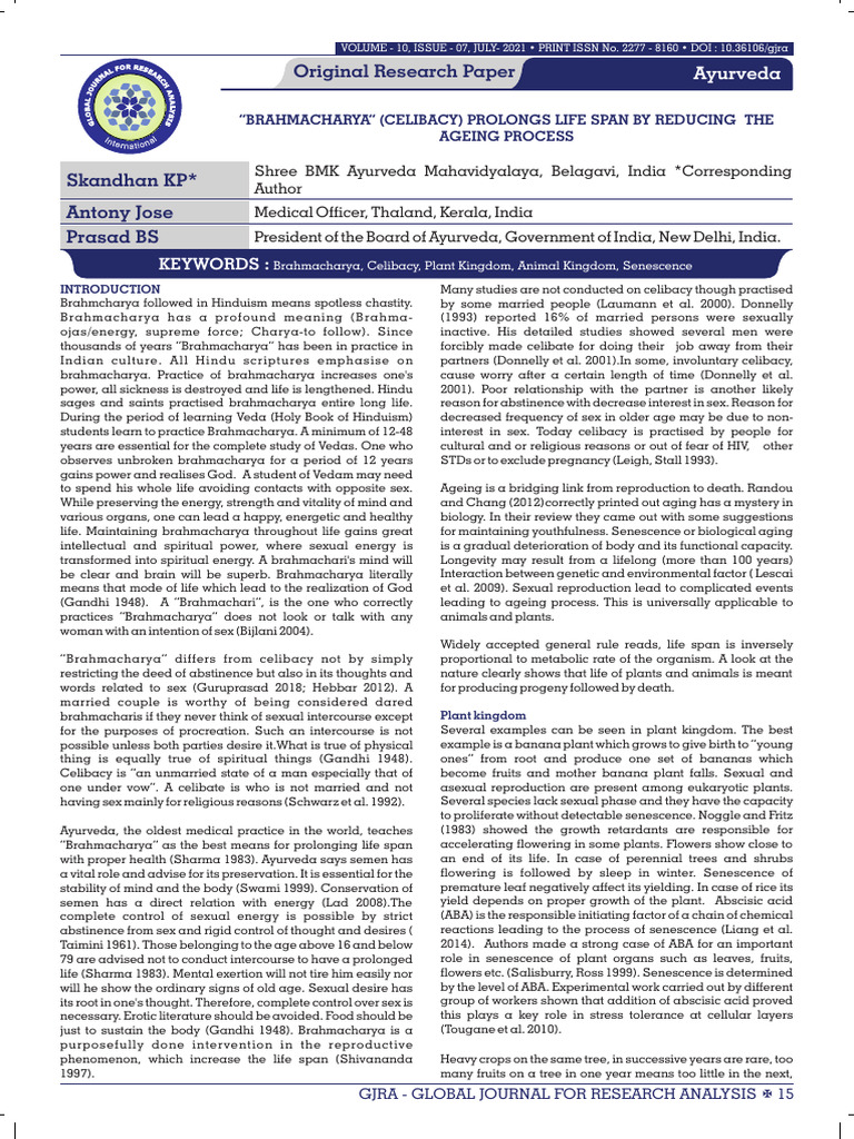 Brahmacharya Celibacy Prolongs Life Span by Reducing The Ageing Process - July - 2021 ...