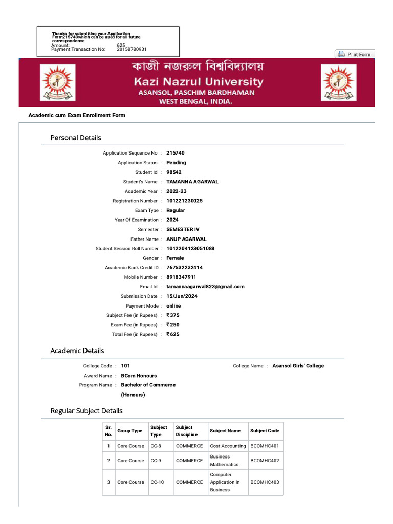 Academic Subject Enrollment Form | PDF
