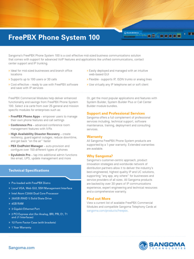 Sangoma DataSheet FreePBX PS 100 | PDF | Voicemail | Voice Over Ip
