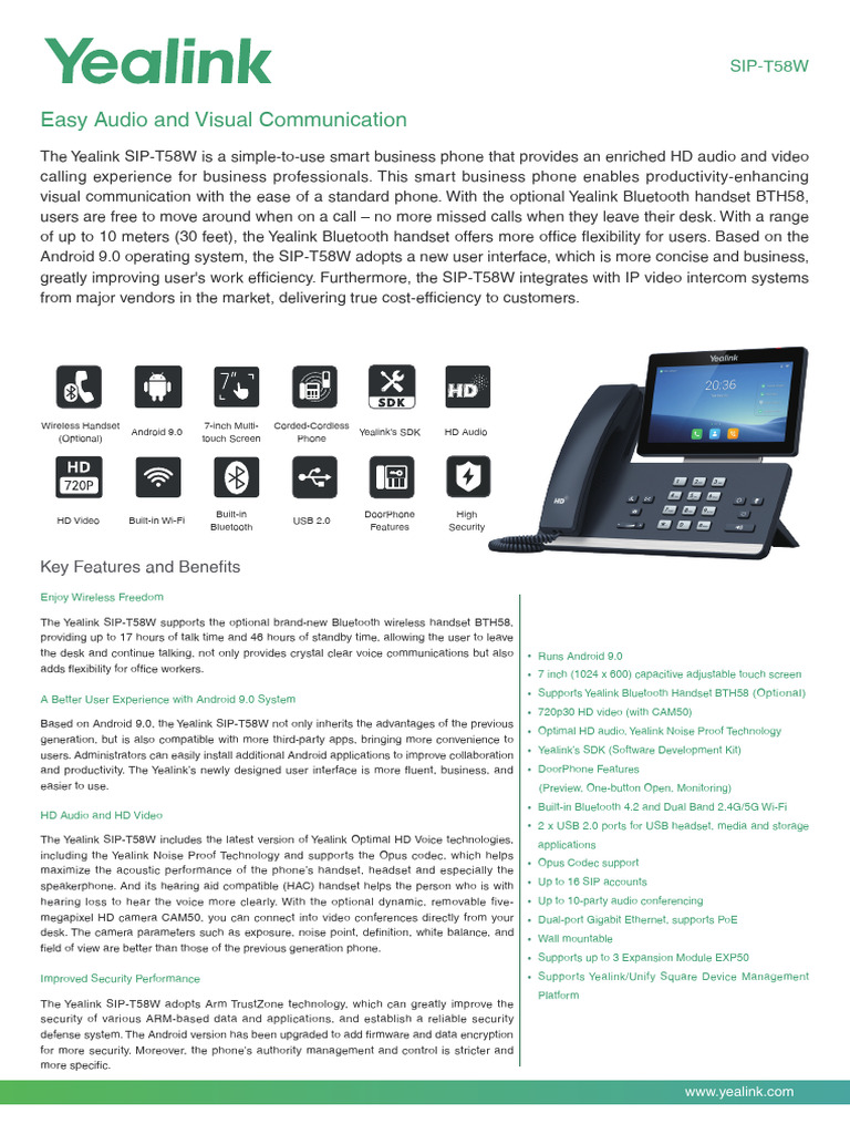 Yealink SIP-T58W Smart Business Phone | PDF | Telephone | Bluetooth